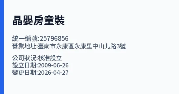 晶嬰房童裝的照片-統編 25796856(臺南市) 公司登記資料與營業項目詳細圖表