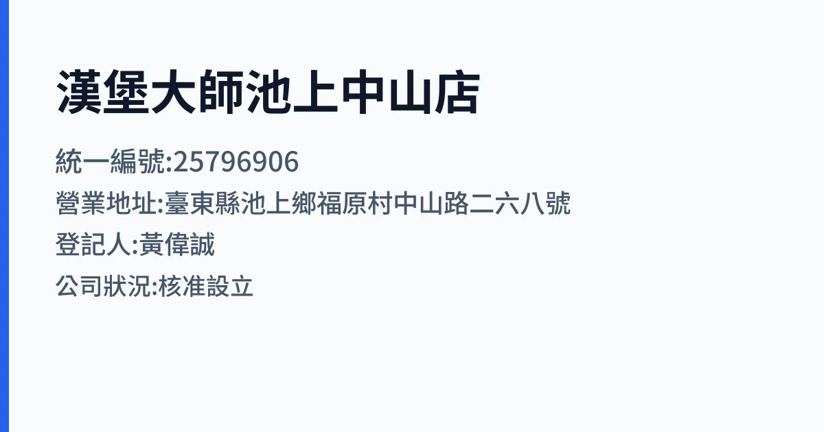漢堡大師池上中山店 - 統編 25796906(臺東縣) 公司登記資料與營業項目詳細圖表