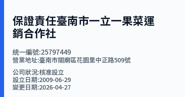 保證責任臺南市一立一果菜運銷合作社的照片-統編 25797449(臺南市) 公司登記資料與營業項目詳細圖表
