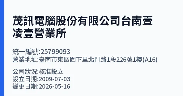 茂訊電腦股份有限公司台南壹凌壹營業所的照片-統編 25799093(臺南市) 公司登記資料與營業項目詳細圖表