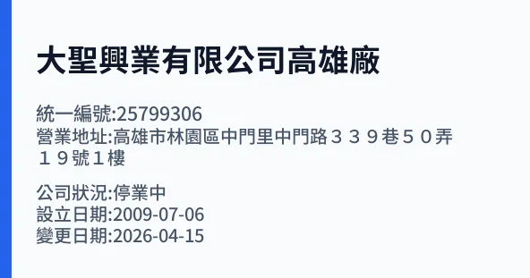 大聖興業有限公司高雄廠的照片-統編 25799306(高雄市) 公司登記資料與營業項目詳細圖表