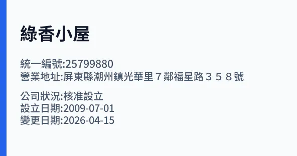 綠香小屋的照片-統編 25799880(屏東縣) 公司登記資料與營業項目詳細圖表