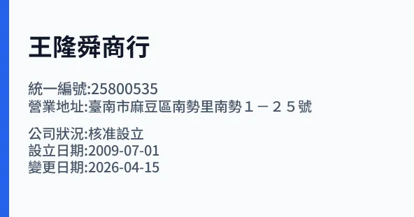 王隆舜商行的照片-統編 25800535(臺南市) 公司登記資料與營業項目詳細圖表