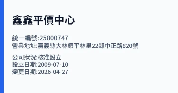 鑫鑫平價中心的照片-統編 25800747(嘉義縣) 公司登記資料與營業項目詳細圖表