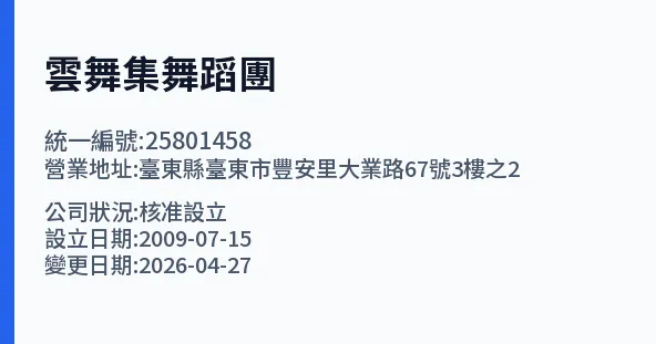 雲舞集舞蹈團的照片-統編 25801458(臺東縣) 公司登記資料與營業項目詳細圖表