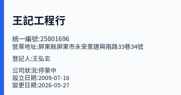 王記工程行的照片-統編 25801696(屏東縣) 公司登記資料與營業項目詳細圖表