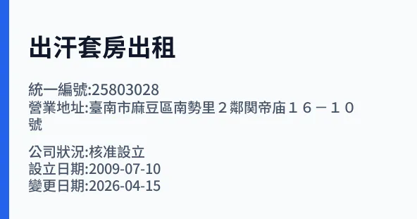 出汗套房出租的照片-統編 25803028(臺南市) 公司登記資料與營業項目詳細圖表