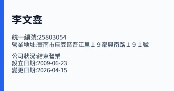 李文鑫的照片-統編 25803054(臺南市) 公司登記資料與營業項目詳細圖表