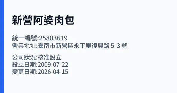 新營阿婆肉包的照片-統編 25803619(臺南市) 公司登記資料與營業項目詳細圖表