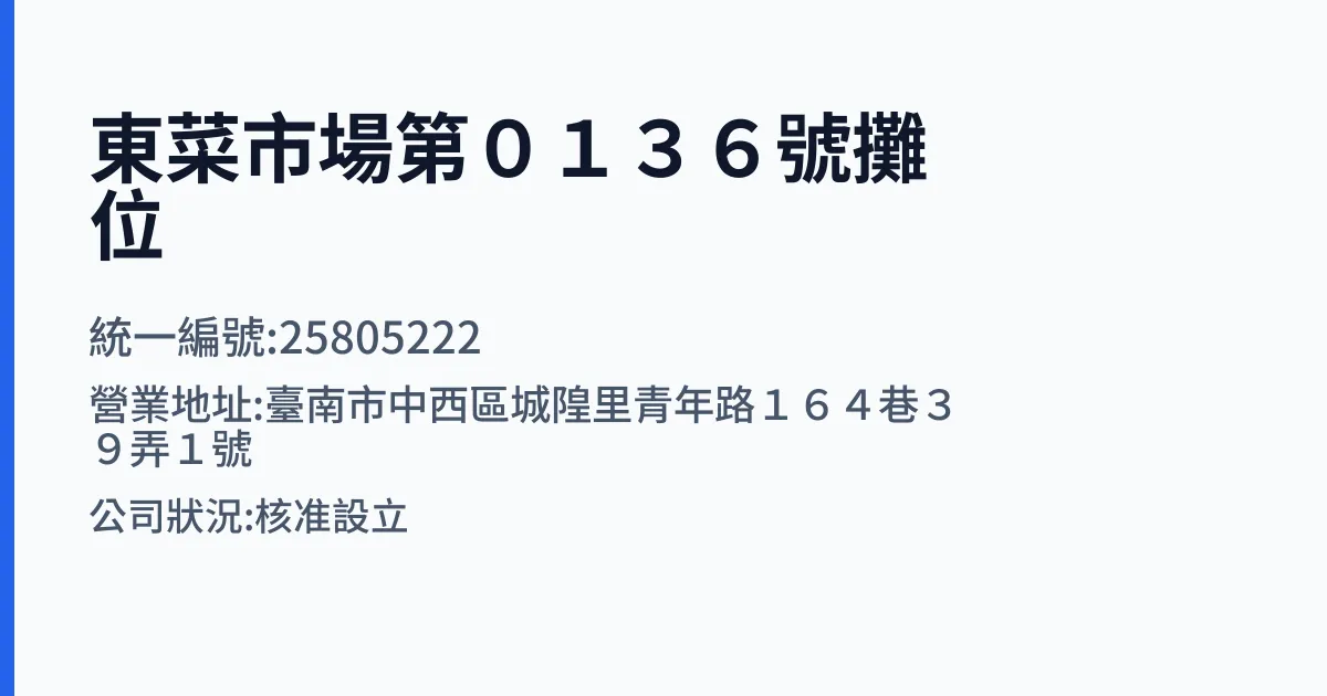 東菜市場第０１３６號攤位 - 統編 25805222(臺南市) 公司登記資料與營業項目詳細圖表