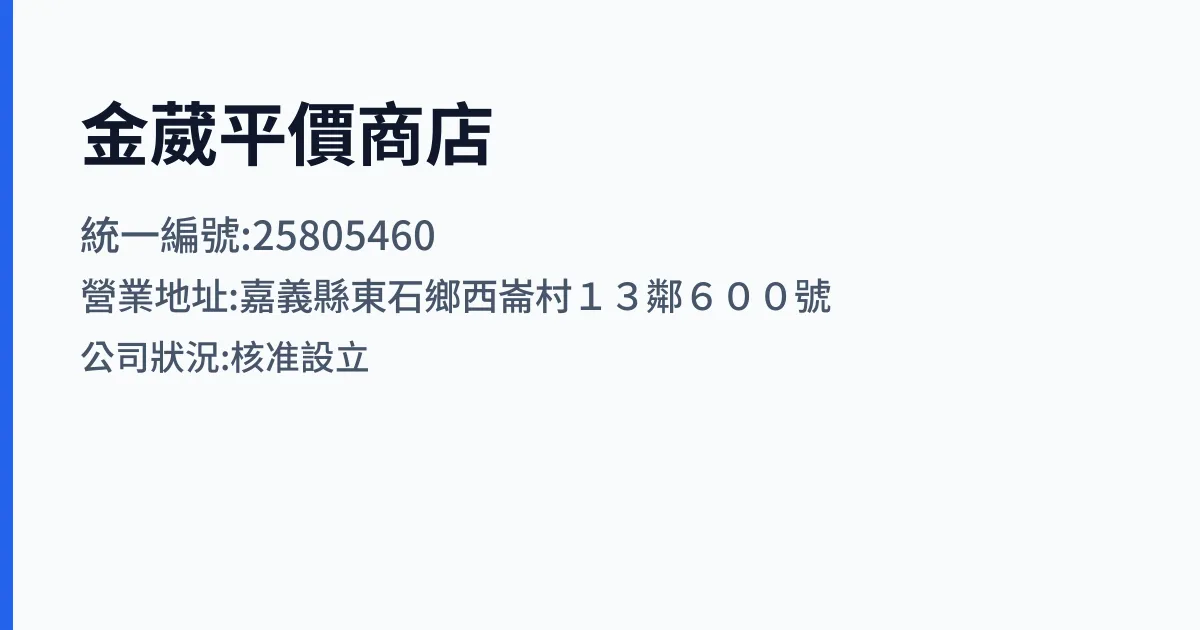 金葳平價商店 - 統編 25805460(嘉義縣) 公司登記資料與營業項目詳細圖表