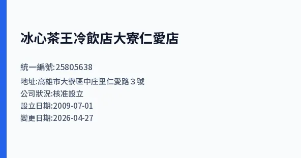 冰心茶王冷飲店大寮仁愛店的照片-統編 25805638(高雄市) 公司登記資料與營業項目詳細圖表