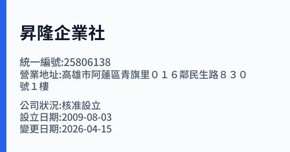 昇隆企業社的照片-統編 25806138(高雄市) 公司登記資料與營業項目詳細圖表