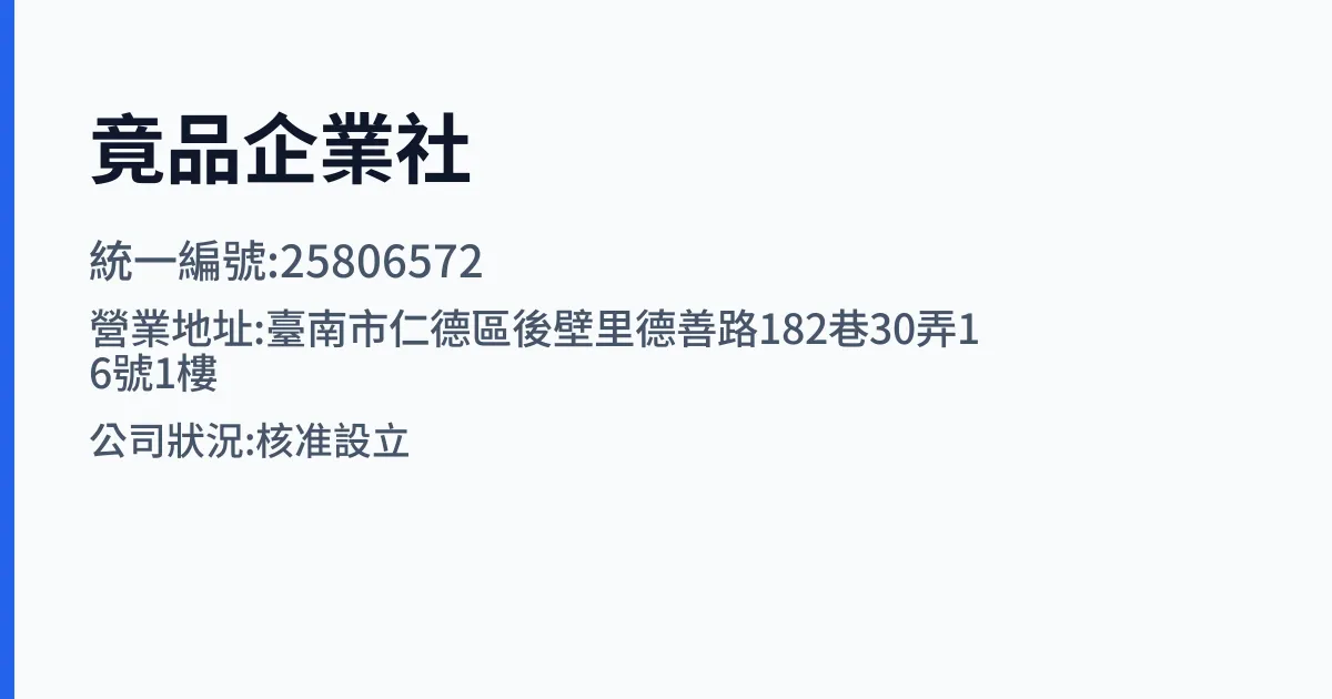 竟品企業社 - 統編 25806572(臺南市) 公司登記資料與營業項目詳細圖表