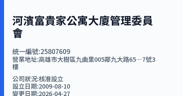 河濱富貴家公寓大廈管理委員會的照片-統編 25807609(高雄市) 公司登記資料與營業項目詳細圖表
