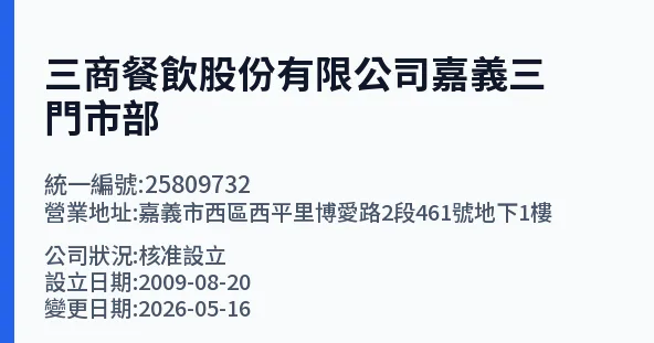 三商餐飲股份有限公司嘉義三門市部的照片-統編 25809732(嘉義市) 公司登記資料與營業項目詳細圖表