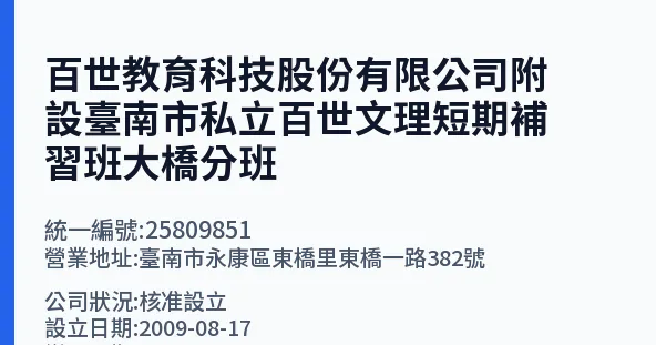 百世教育科技股份有限公司附設臺南市私立百世文理短期補習班大橋分班的照片-統編 25809851(臺南市) 公司登記資料與營業項目詳細圖表