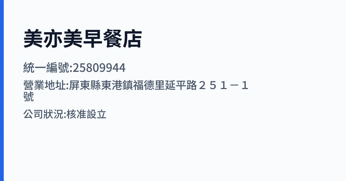 美亦美早餐店 - 統編 25809944(屏東縣) 公司登記資料與營業項目詳細圖表
