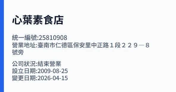心葉素食店的照片-統編 25810908(臺南市) 公司登記資料與營業項目詳細圖表