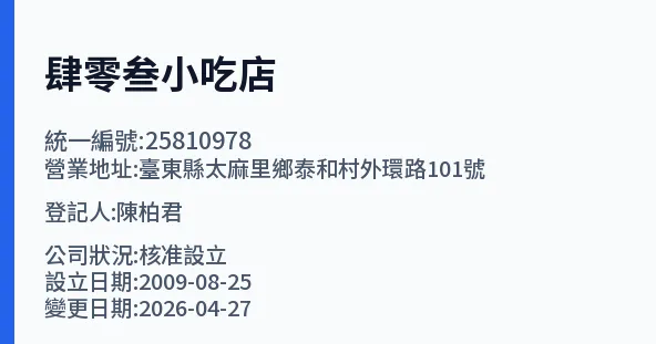 肆零叁小吃店的照片-統編 25810978(臺東縣) 公司登記資料與營業項目詳細圖表