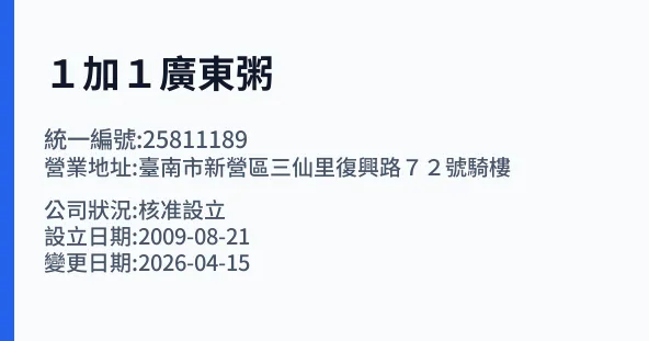 １加１廣東粥的照片-統編 25811189(臺南市) 公司登記資料與營業項目詳細圖表