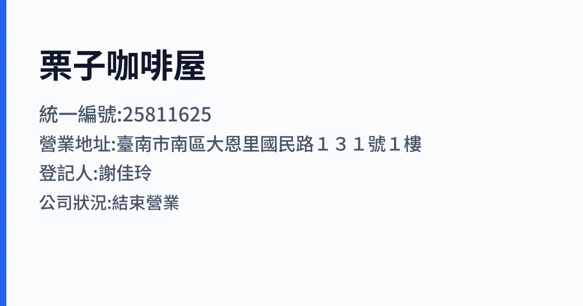 栗子咖啡屋 - 統編 25811625(臺南市) 公司登記資料與營業項目詳細圖表