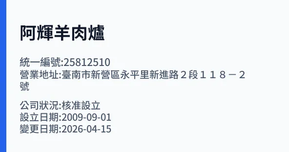 阿輝羊肉爐的照片-統編 25812510(臺南市) 公司登記資料與營業項目詳細圖表