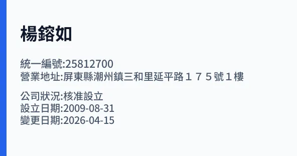楊鎔如的照片-統編 25812700(屏東縣) 公司登記資料與營業項目詳細圖表