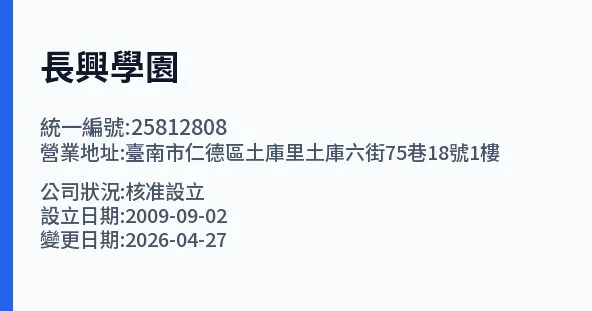 長興學園的照片-統編 25812808(臺南市) 公司登記資料與營業項目詳細圖表