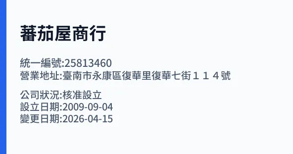蕃茄屋商行的照片-統編 25813460(臺南市) 公司登記資料與營業項目詳細圖表