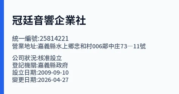 冠廷音響企業社的照片-統編 25814221(嘉義縣) 公司登記資料與營業項目詳細圖表