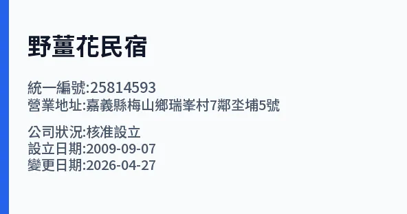 野薑花民宿的照片-統編 25814593(嘉義縣) 公司登記資料與營業項目詳細圖表