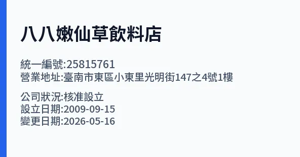 八八嫩仙草飲料店的照片-統編 25815761(臺南市) 公司登記資料與營業項目詳細圖表