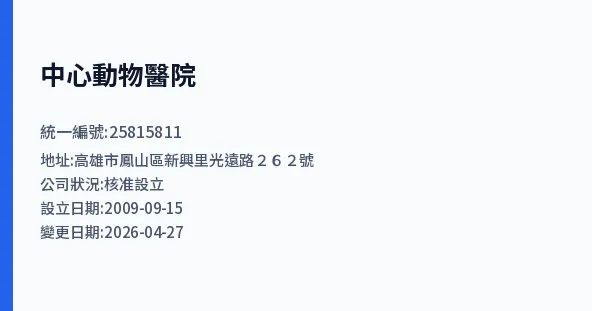 中心動物醫院的照片-統編 25815811(高雄市) 公司登記資料與營業項目詳細圖表