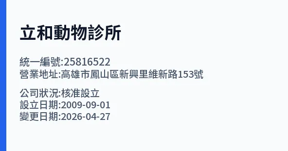 立和動物診所的照片-統編 25816522(高雄市) 公司登記資料與營業項目詳細圖表