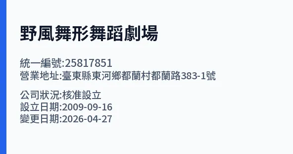 野風舞形舞蹈劇場的照片-統編 25817851(臺東縣) 公司登記資料與營業項目詳細圖表