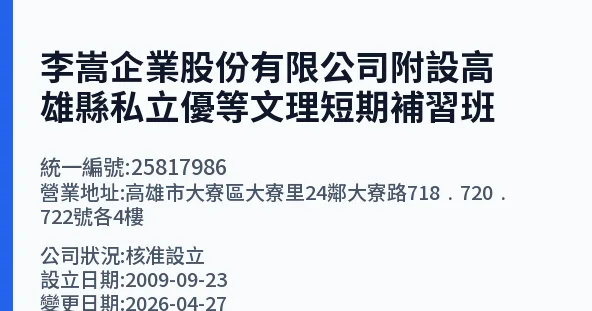 李嵩企業股份有限公司附設高雄縣私立優等文理短期補習班的照片-統編 25817986(高雄市) 公司登記資料與營業項目詳細圖表