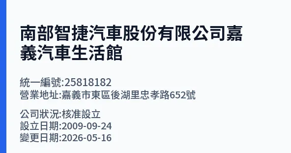 南部智捷汽車股份有限公司嘉義汽車生活館的照片-統編 25818182(嘉義市) 公司登記資料與營業項目詳細圖表