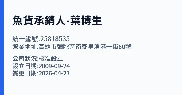 魚貨承銷人-葉博生的照片-統編 25818535(高雄市) 公司登記資料與營業項目詳細圖表