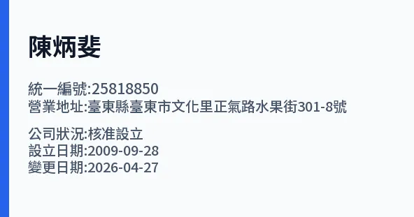 陳炳斐的照片-統編 25818850(臺東縣) 公司登記資料與營業項目詳細圖表