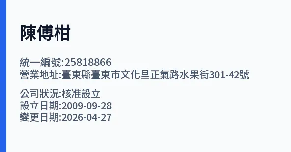 陳傅柑的照片-統編 25818866(臺東縣) 公司登記資料與營業項目詳細圖表