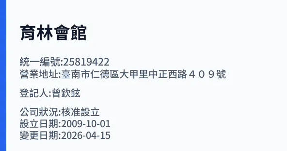 育林會館的照片-統編 25819422(臺南市) 公司登記資料與營業項目詳細圖表
