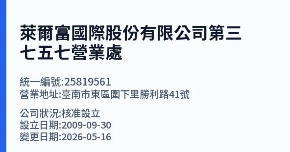 萊爾富國際股份有限公司第三七五七營業處的照片-統編 25819561(臺南市) 公司登記資料與營業項目詳細圖表