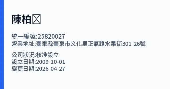 陳柏勲的照片-統編 25820027(臺東縣) 公司登記資料與營業項目詳細圖表