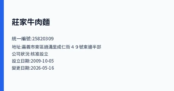 莊家牛肉麵的照片-統編 25820309(嘉義市) 公司登記資料與營業項目詳細圖表