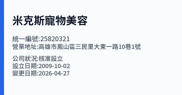 米克斯寵物美容的照片-統編 25820321(高雄市) 公司登記資料與營業項目詳細圖表