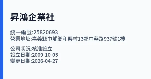 昇鴻企業社的照片-統編 25820693(嘉義縣) 公司登記資料與營業項目詳細圖表