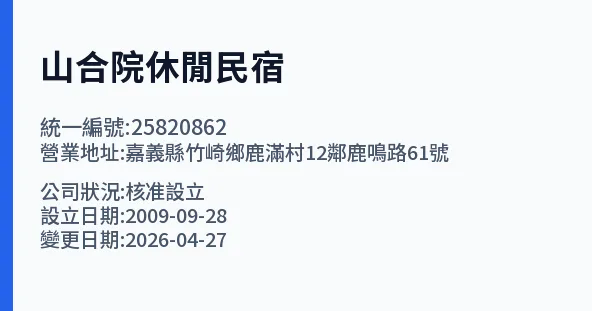 山合院休閒民宿的照片-統編 25820862(嘉義縣) 公司登記資料與營業項目詳細圖表