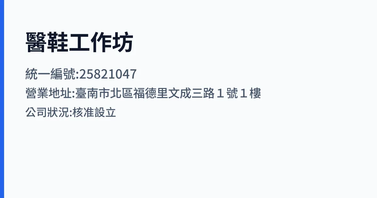 醫鞋工作坊 - 統編 25821047(臺南市) 公司登記資料與營業項目詳細圖表
