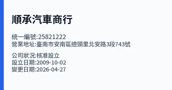 順承汽車商行的照片-統編 25821222(臺南市) 公司登記資料與營業項目詳細圖表